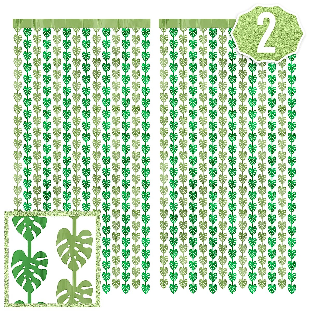 xo, Fetti Jungle Leaf Foil Curtain - Set of 2, 3x7 ft | Safari Theme Party Decorations, Zoo Animal Birthday Party Supplies, Baby Shower Favors