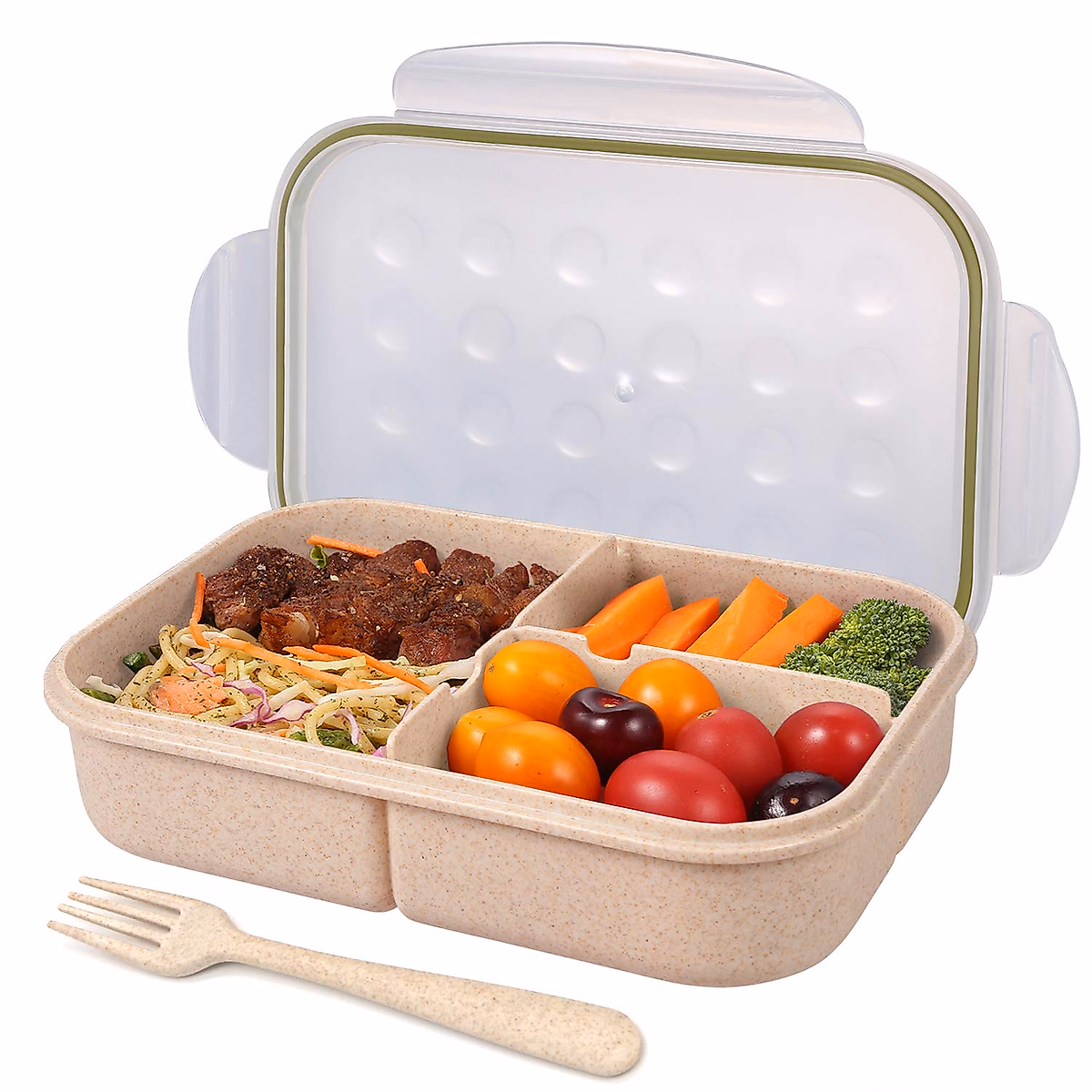 Jeopace Bento Box for Adults Lunch Containers for Kids 3 Compartment Lunch Box Food Containers Leak Proof Microwave Safe(Flatware Included, Transparent)