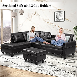 Rovibek Leather L Shaped Sectional Couch with Ottoman and Pillows, 2 Cup Holders Design Living Room Furniture Sets for Apartment, Office