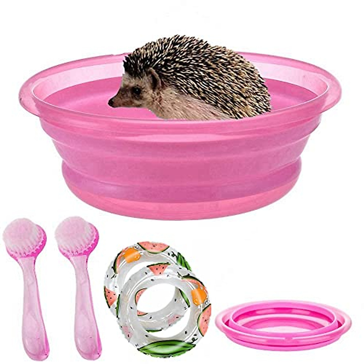 Foldable Hedgehog Bathtub, with 2 Pcs Set Bathing Brush, Plastic Small Animal Swimming Pool, Bath Sand Room Sauna, for Hedgehog Hamster, Guinea Pig,Bearded Dragon (Pink)