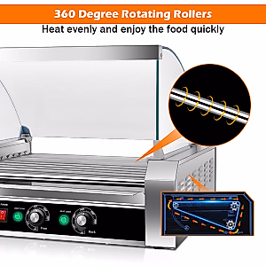 S AFSTAR Commercial 30 Hot Dog 11 Non-Stick Roller Machine, Electric Hot Dog Sausage Grill Cooker Machine with Removable Stainless Steel Drip Tray & Glass Hood Cover, Countertop Hot Dog Roller Warmer