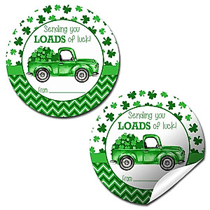 Loads of Luck Green Pickup Truck with Clover St. Patrick’s Day Gift Tag Sticker Labels for Kids, 40 2" Party Circle Stickers by AmandaCreation, Great for Party Favors, Envelope Seals & Goodie Bags