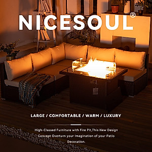 NICESOUL® Large 6 Pieces Brown Patio Furniture Sets with Gas Propane Fire Pit Table PE Wicker Modular High Back Outdoor Sectional Sofa Patio Conversation Sets with Firepit for Backyard Pool Garden