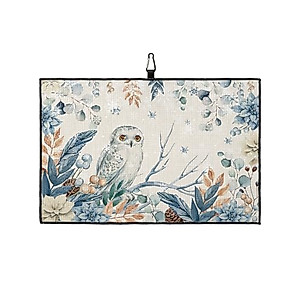 Golf Towel Christmas Eucalyptus Leaves Owl Retro Linen,Waffle Pattern Microfiber Club Cleaner Golf Towels with Carabiner Clip for Women Men Dad,Xmas Plant Animal Golf Towel for Golf Bags,24x16in