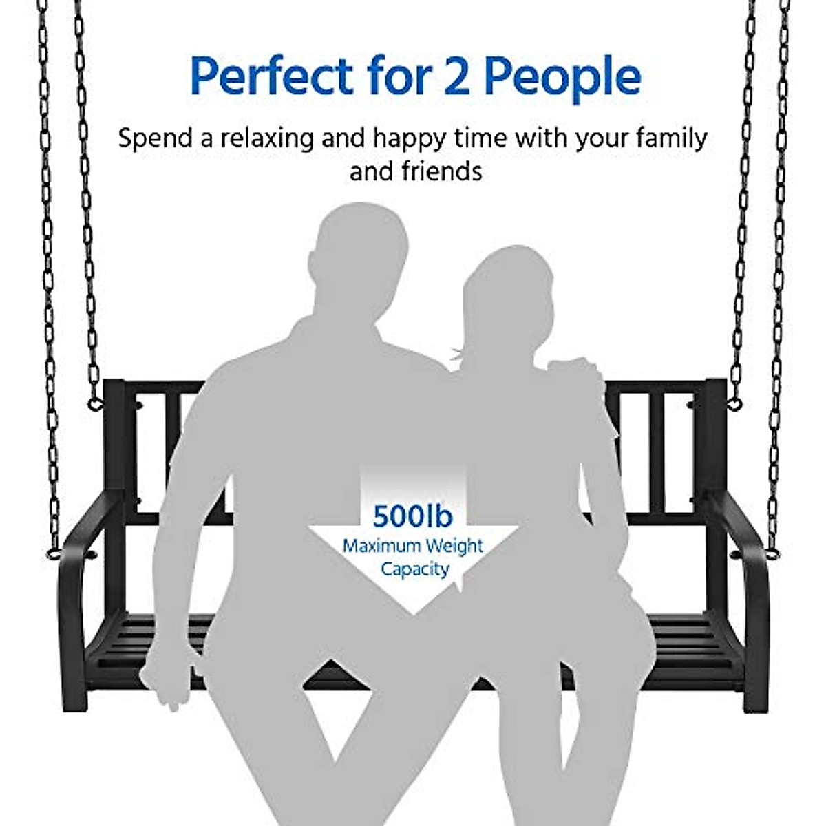 Topeakmart Hanging Porch Swing Bench Outdoor, 2-Person Metal Iron Patio Bench for Garden Deck Patio Swing Chair with Chains, Black