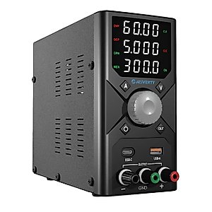 Jesverty DC Power Supply Variable, 0-60V 0-5A Adjustable Switching DC Regulated Bench Power Supply with 20W USB & Type-C Quick-Charge, Encoder Knob, 4-Digit LED Display, Preset Memory - SPS-6005X