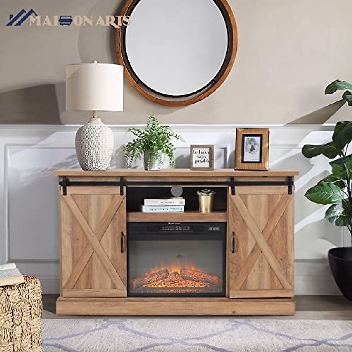 MAISON ARTS 47" Fireplace TV Stand with Electric Fireplace Inserts Farmhouse Barn Door Media Console Table Entertainment Center for TVs Up to 55" for Home Living Room Bedroom, Oak