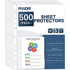 Sheet Protectors, PANDRI 500 Pack Clear Heavy Duty Plastic Page Protectors Sheet Reinforced 11-Hole Fit for 3 Ring Binder Fits Standard 8.5 x 11 Paper, 9.25 x 11.25 Top Loaded, Acid Free