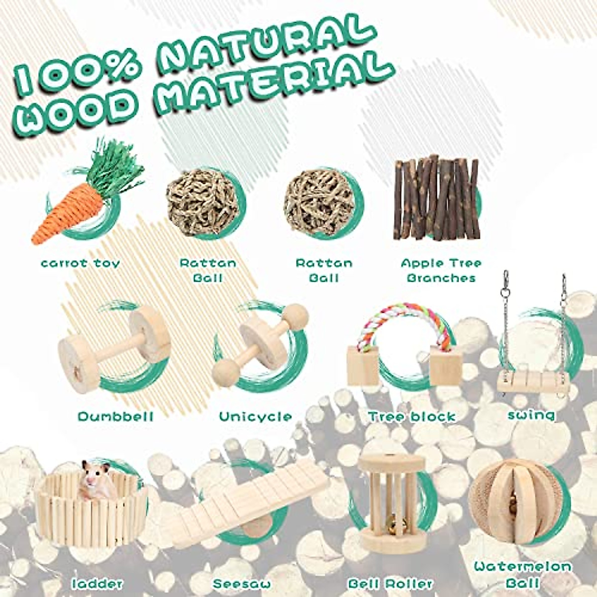 Elipark 12 Pack Wooden Hamster Toys Set,Guinea Pig Toys Natural Apple Wood Rabbit Rat Bunny Chinchillas Dwarf Hamsters Chew Toys Treats,Exercise Accessories for Small Animal Pet Chewing and Teeth Care