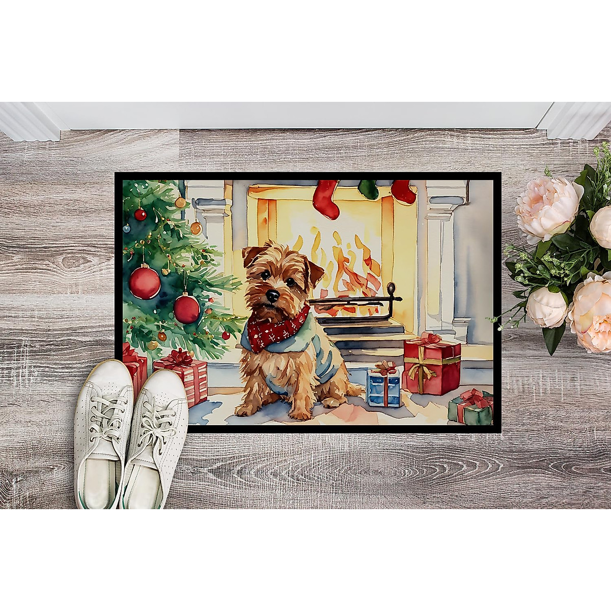 Caroline's Treasures DAC2709MAT Norfolk Terrier Cozy Christmas Doormat Front Door Mat Indoor Outdoor Rugs for Entryway, Non Slip Washable Low Pile, 18H X 27W