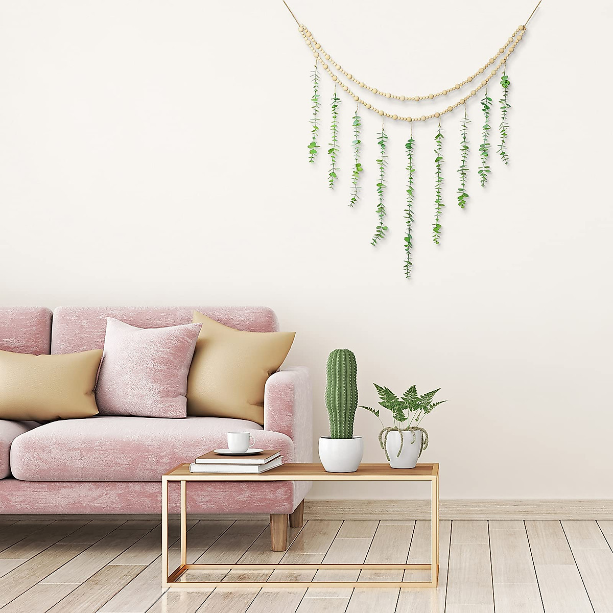 Hanging Eucalyptus Boho Wall Decor Large Boho Bedroom Wall Hanging Wooden Bead Garland Artificial Eucalyptus Natural Greenery Decoration, 36 x 36 Inch