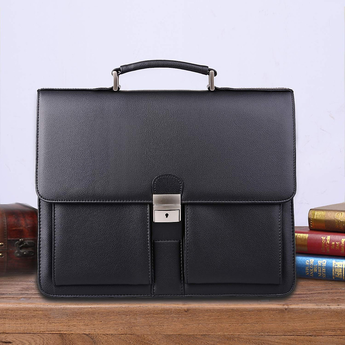Jack&Chris Mens Briefcase,Black Pu Leather Briefcase For Men With Lock, MBYX015