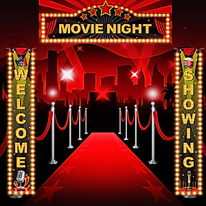 3 Pieces Light Movie Night Porch Sign Banner LED Movie Theme Party Decorations Movie Theater Welcome Now Showing Lights Camera Action Hanging Porch Sign for Home Film Backdrop Party Supplies