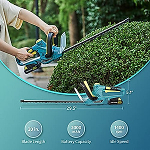 TERRADISE Cordless Hedge Trimmer with 2000mAh Battery Pack and Charger, Gardening Tool for Brush and Hedge Trimming, Electric Bush Cutter with 20" Dual Action Blades for Tree Branches Shrubs More