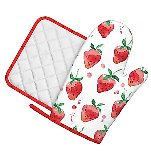 Strawberry Oven Mitts,Strawberry Pot Holders Sets Cute,Kitchen Resistant Hot Pads with Polyester Non-Slip BBQ Gloves for Kitchen, Cooking, Baking,Grilling Oven Glove
