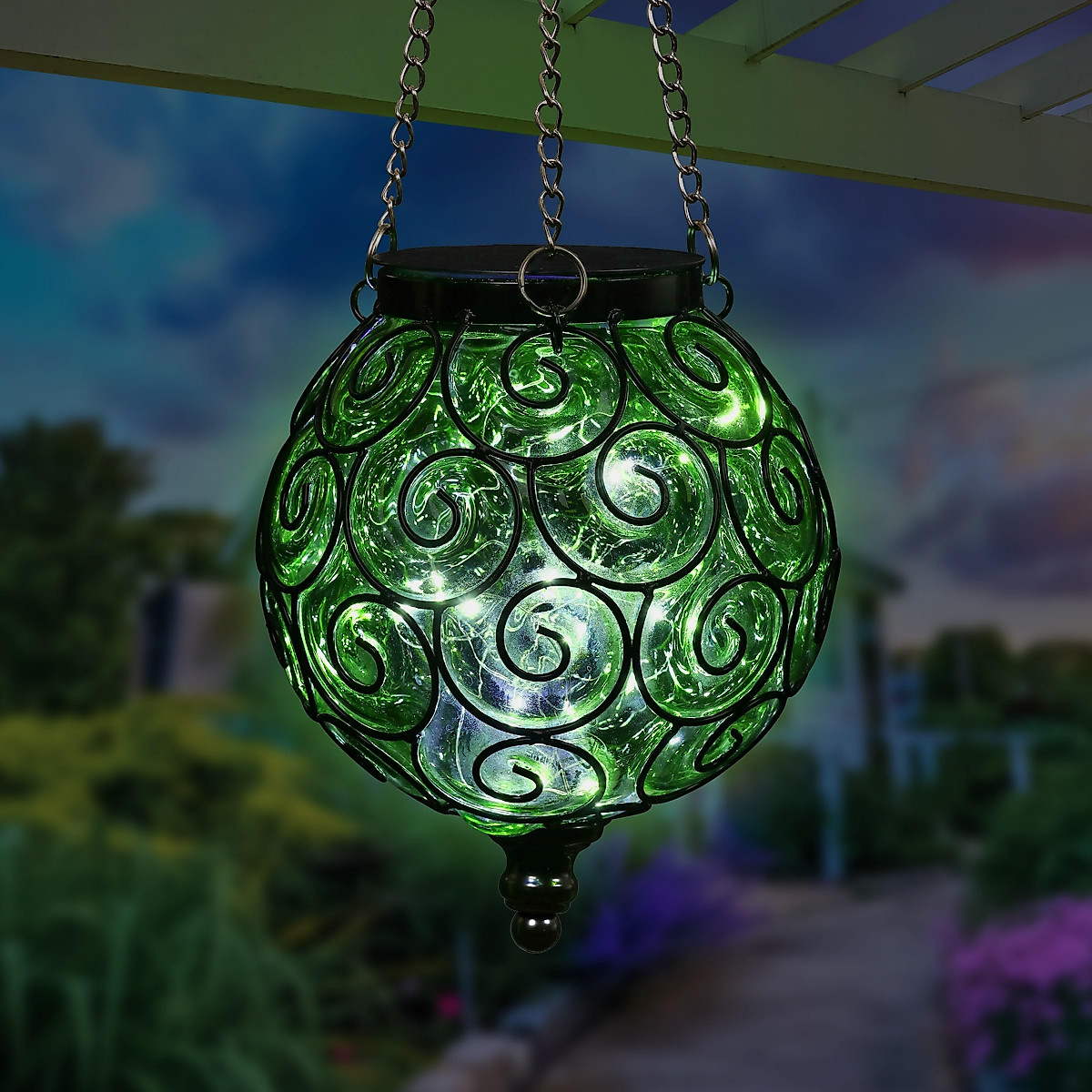 Exhart Outdoor Garden Solar Lights, Round Glass and Metal Hanging Lantern, 15 Firefly LED Lights, 7 x 20 Inch, Green