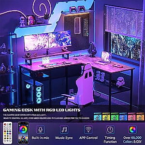 Unikito L Shaped Desk with Magic Power Outlets and Smart Strip Light, Reversible 55 Inch Corner Computer Desk with Monitor Stand, Unique Grid Design, Office Table with Storage Shelves, Rustic Brown