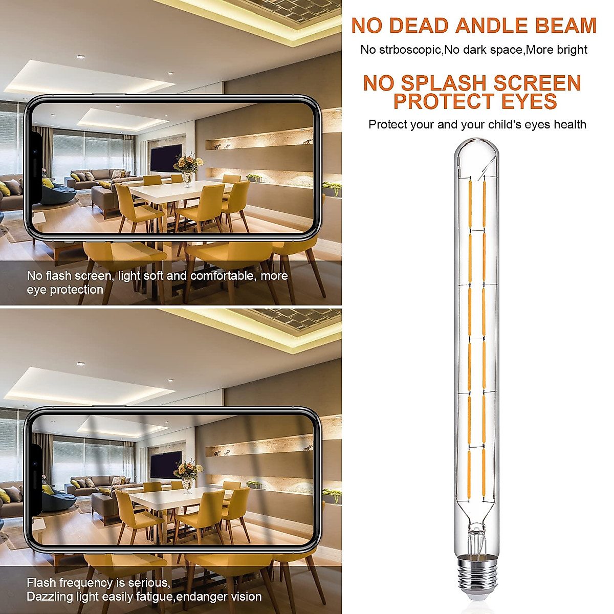 TIANSHQ LED Tube Bulbs,T10 Tubular Edison Style LED Filament Bulb, 12W Dimmable Antique LED Bulb,E26 Base,Clear Glass,Warm White,2700K,1000LM(75-100W Equivalent),11.8in,6Pack
