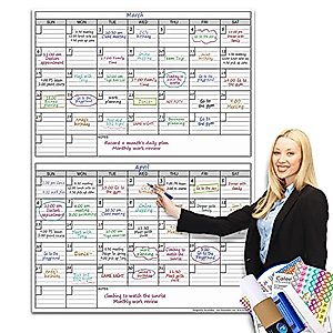 Dry Erase Two Month Laminated jumbo Wall Calendar, 38" x 50", Huge bimonthly Vertical Laminated Erasable White Board, Giant 60 day Family Whiteboard Schedule Planner, Large Multi Month Reusable Poster