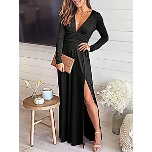 ANRABESS Women's Long Sleeve Sexy Deep V Neck High Waist Slit Cocktail Party Evening Maxi Dress Semi Formal Wedding Guest Prom Dresses 2023 Elegant Graduation Dress 586-hei-XL