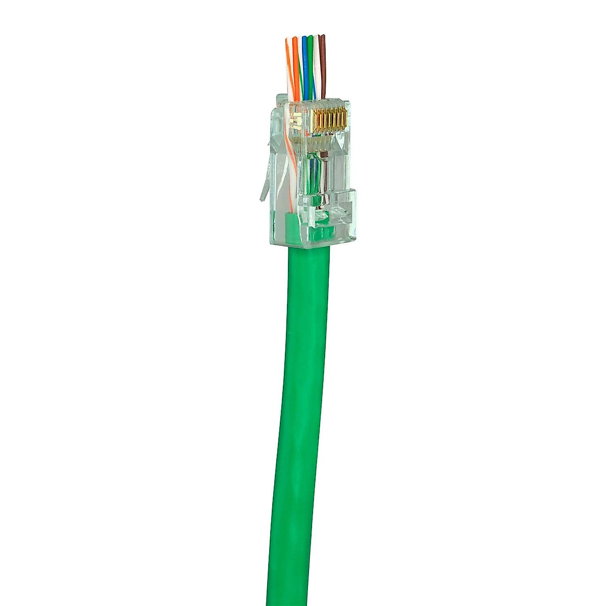 Simply45 Unshielded Pass-Through RJ45 Modular Plugs for 23AWG Solid (Cat6 UTP), 26-24AWG Stranded (Cat5e/6 UTP Stranded) - Green Tint, 100 Piece Jar - S45-1600
