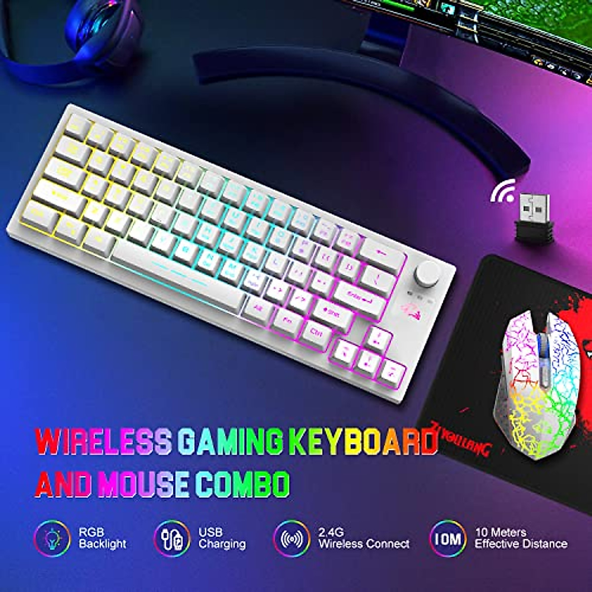 FELICON 2.4G Wireless Mini Gaming Keyboard and Mouse Combo, RGB Backlit TKL Mechanical Feel Keyboard and 7 Color Crack Illuminate Mouse, Mouse Pad for Windows, Computer, Desktop, PC, Notebook