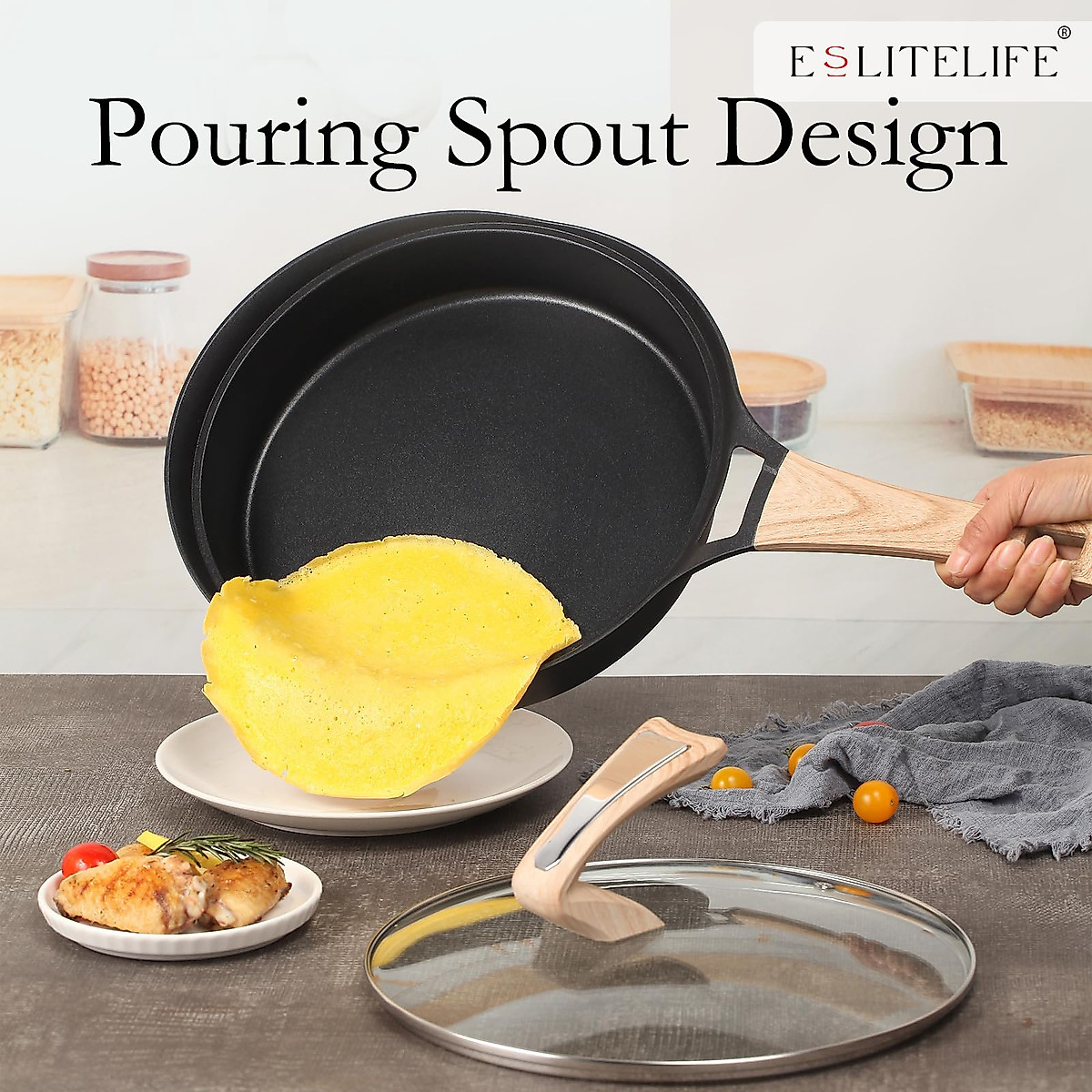ESLITE LIFE Nonstick Deep Frying Pan Skillet, Healthy Granite Coating Egg Omelette Pan Stone Cookware Chef's Pan, PFOA Free(Black, 8 Inch)
