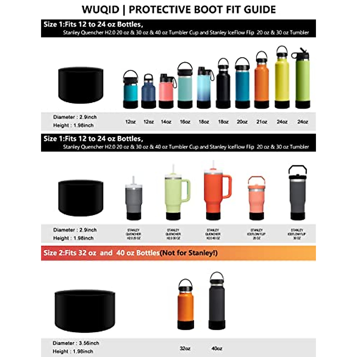 WUQID Protective Silicone Boot Sleeve for 12oz-40oz Sport Flask/Stanley Water Bottles Tumbler Anti-Slip Bottom Sleeve Cover for All Water Bottles Bottom Width of 2.83&3.56in