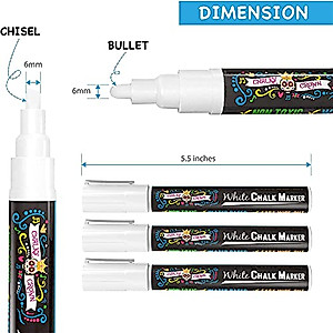 CHALKY CROWN Liquid Chalk Marker Pen - White Drawing Chalk - Chalk Markers for Chalkboard Signs, Windows, Blackboard, Glass - 6mm Reversible Tip (5 Pack) - 24 Chalkboard Labels Included