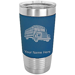 LaserGram 20oz Vacuum Insulated Tumbler Mug, School Bus, Personalized Engraving Included (Faux Leather, Blue)