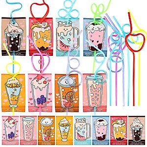 AOJOYS Valentines Day Cards for Kids 32 Pack - 32 Colorful Valentine Gift Cards + 32 Lovely Loops Reusable Drinking Straws for Classroom Exchange Prizes, Valentine Party Favors