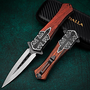 VALHALLA PASTOR 2 Pocket Knife, 3.7'' D2 Steel Cool knives, 3D Retro Embossed Folding Knife with Wooden Inlay, Pocket Knife For Men, Liner Lock, Gift for men women