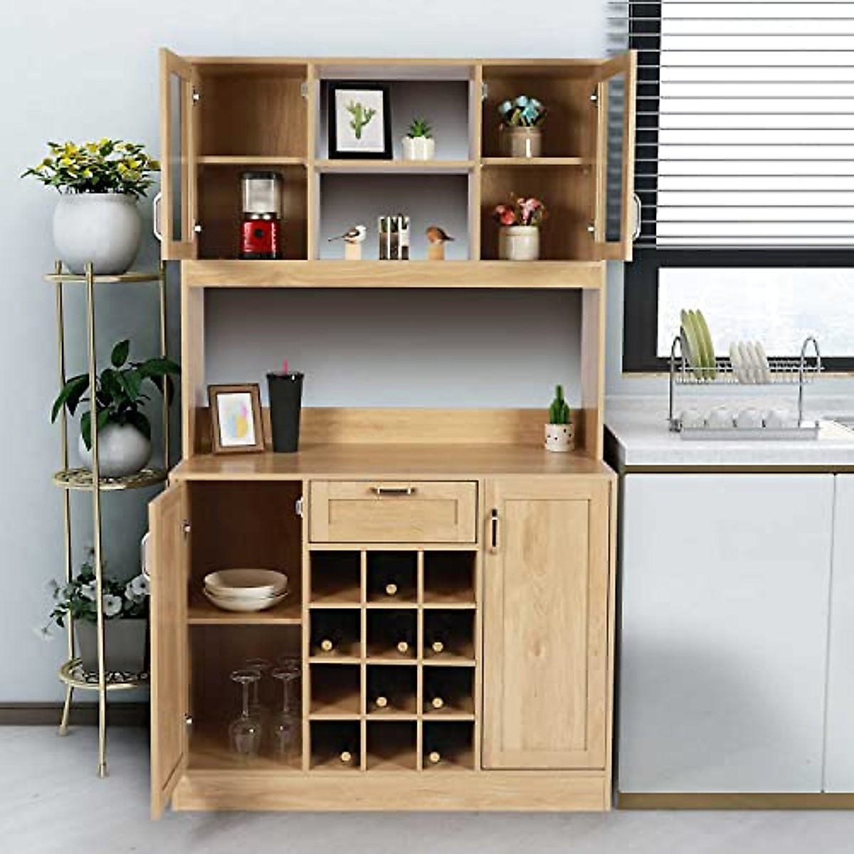 OKL Kitchen Pantry Storage Cabinet, 71" Traditional Freestanding Kitchen Buffet with Hutch with Microwave Countertop & Shelves, Kitchen Cupboard with Glass Doors for Living Room, Dining Room, Brown