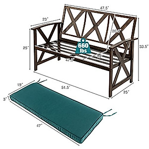 Giantex 51.5” Outdoor Garden Bench - Patio Chair with Heavy-Duty Wood Grain Coated Steel Frame, Detachable Sponge-Padded Cushion, Pattern Backrest & Armrests Double Seat, Metal Benches for Outdoors
