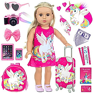 UNICORN ELEMENT 15Pcs 18 Inch Girl Doll Clothes and Accessories, Travel Suitcase with Unicorn Luggage Play Set Including Suitcase, Schoolbag, U-Shaped Pillow, Glasses, Camera, etc (Not Doll)