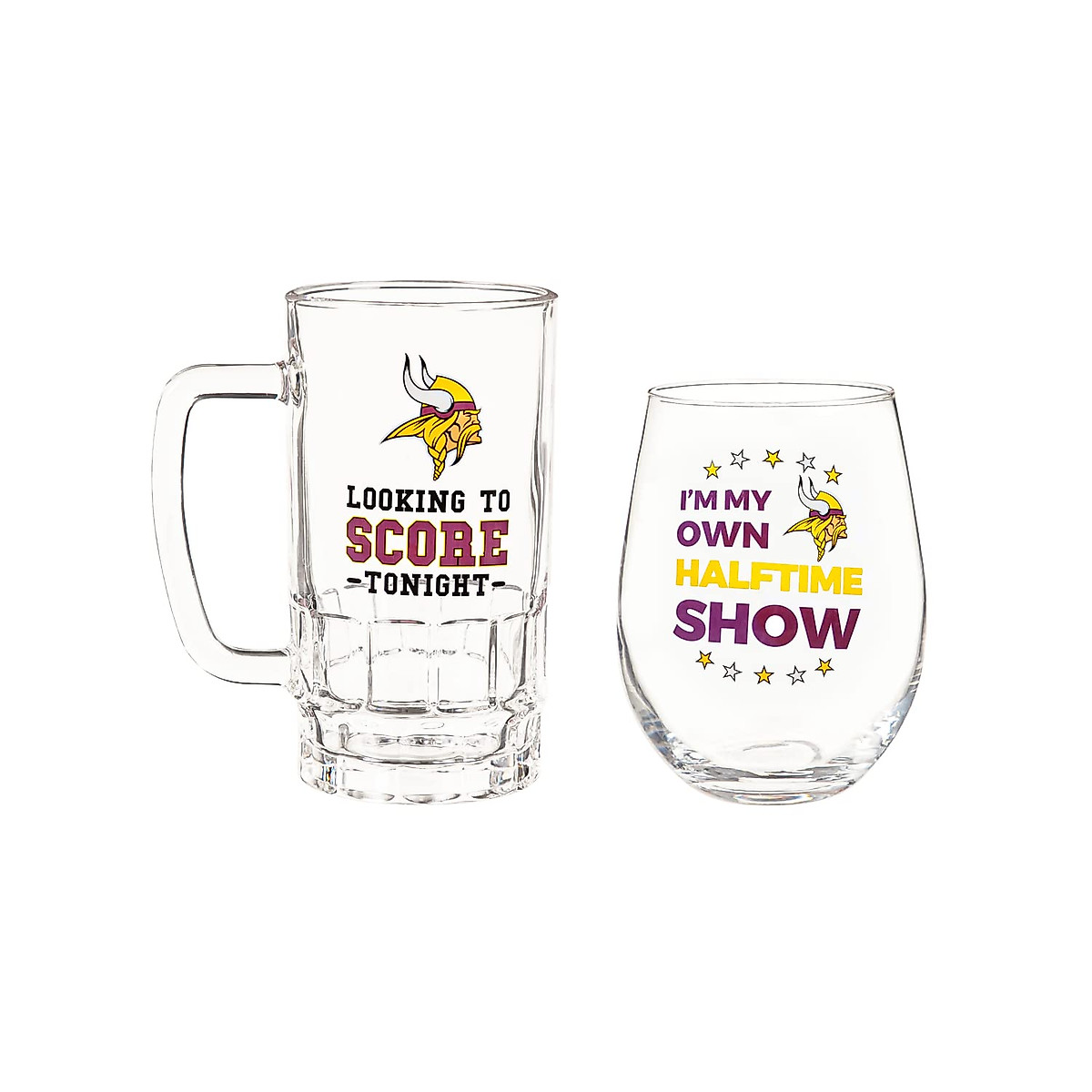 Team Sports America NFL Minnesota Vikings, Stemless 17 OZ Wine Glass & Beer Mug 16 OZ Gift Set with Box | Keeps Drinks Cold | Officially Licensed