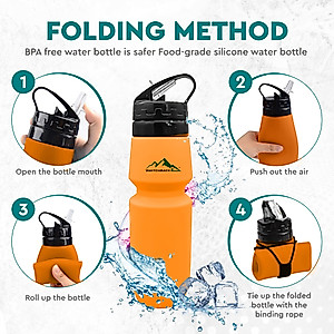 Collapsible Water Bottles (25 Oz) - Leakproof Foldable Water Bottle w/ Foldable Straw & Cleaner - BPA Free Lightweight Water Bottles - Ideal Sports Water Bottle for Camping, Traveling & More (Orange)