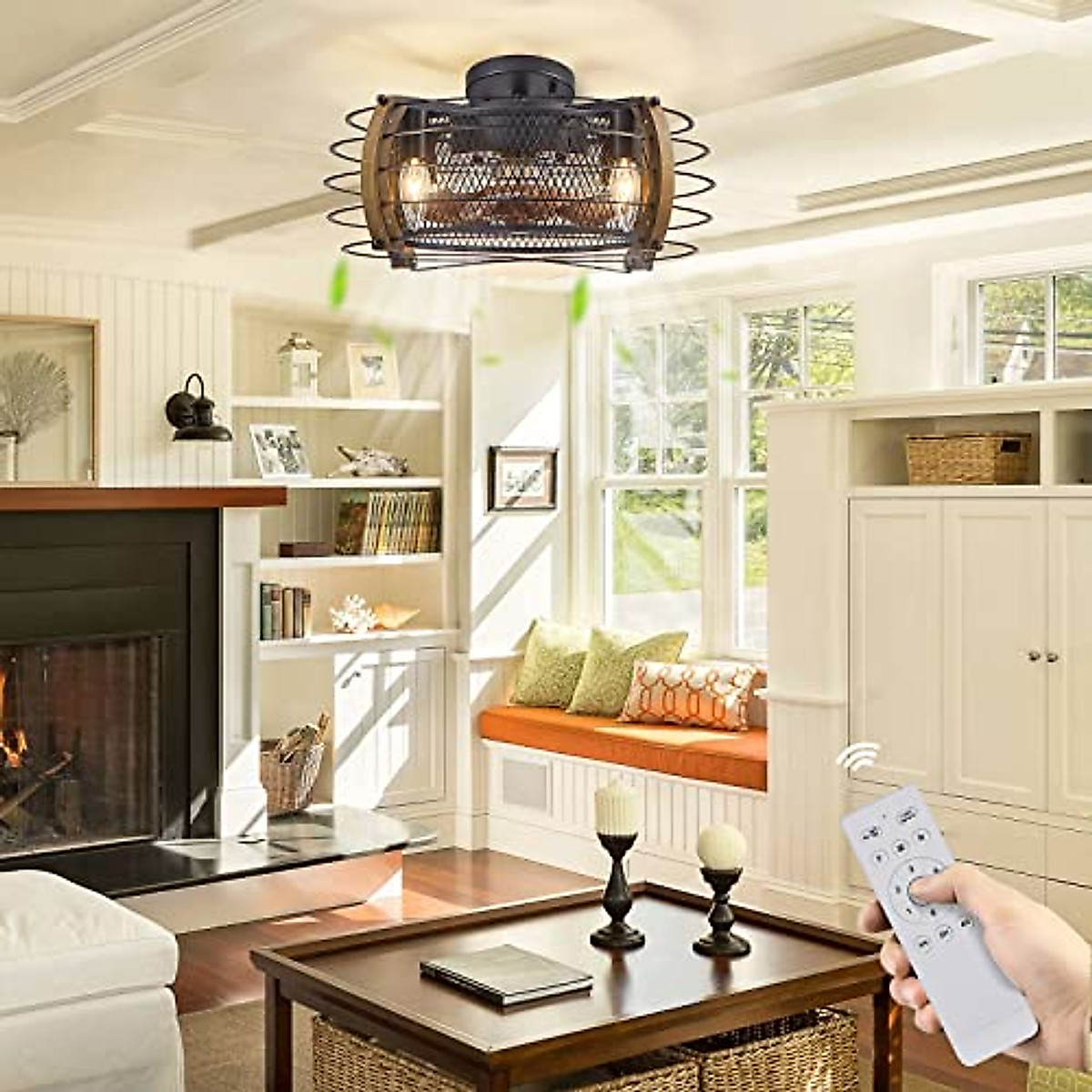 SADENICEL Farmhouse Caged Fan with Lights Remote Control, 17 Inch Low Profile Bedroom Fans, Rustic Ceiling Fans for Kitchen, Dining Room (Antique Wood-E)