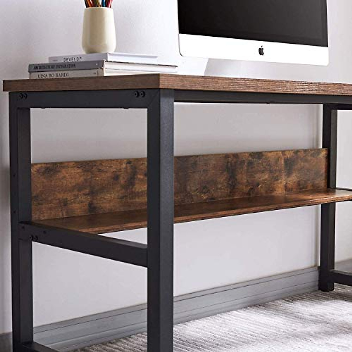 AMOAK Computer Desk 47" with Bookshelf, Office Desk, Writing Desk, Wood and Metal Frame, 1.18in (3cm) Thickened Desktop, Industrial Style, Study Table for Home Office, Retro Brown