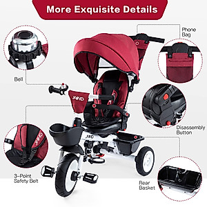 JMMD Baby Trike, 6-in-1 Kids Stroller Tricycle with Adjustable Push Handle, Removable Canopy, Safety Harness for 6 Months - 5 Year Old(Red)