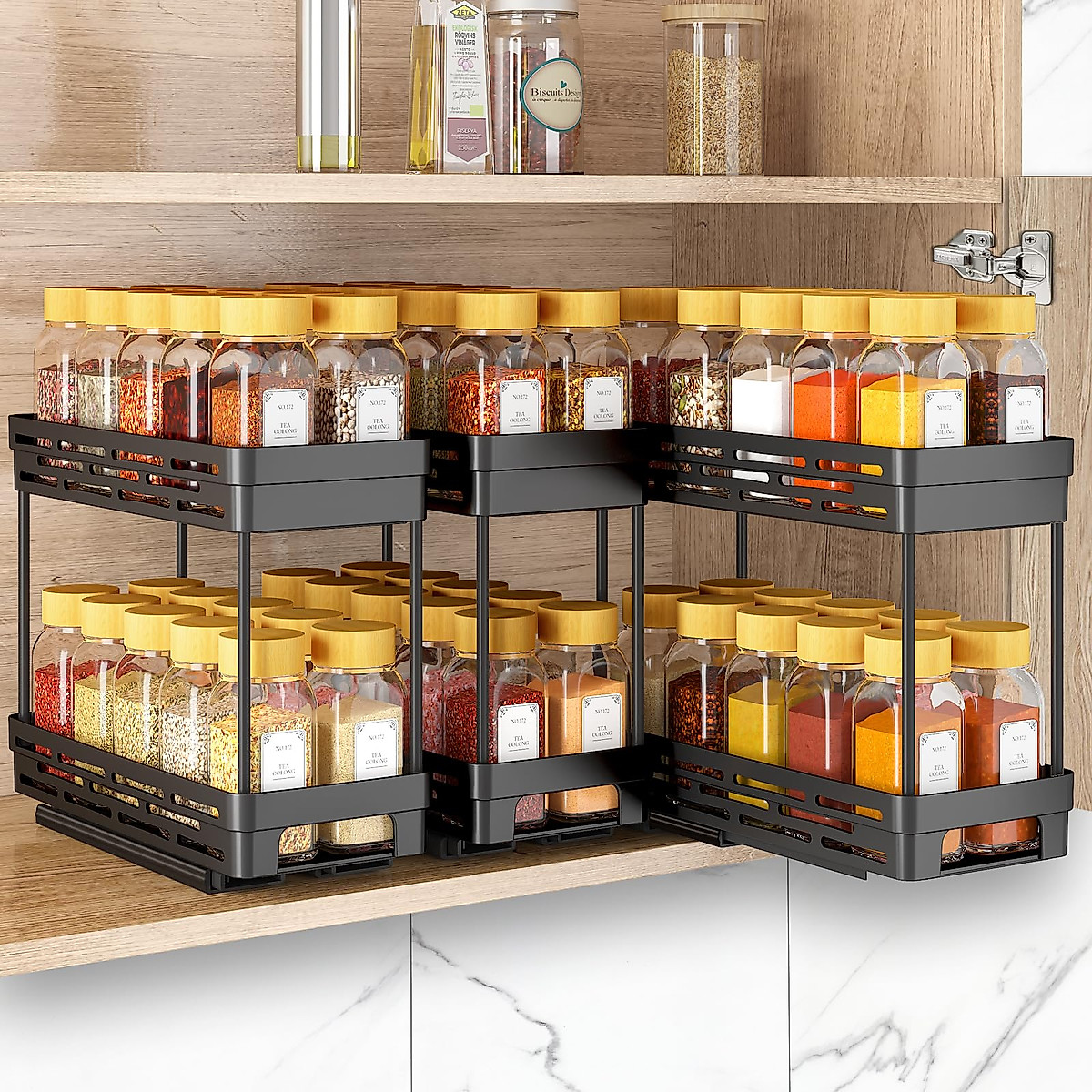 DABIGE 3 Packs Pull Out Spice Rack Organizer for Cabinet, Slide Out Spice Racks Organizer, Easy to Install Spice Cabinet Organizers, 4.33''Wx10.4''Dx8.5''H, Each Tier Hold 10 Spice Jars - 2 Tier