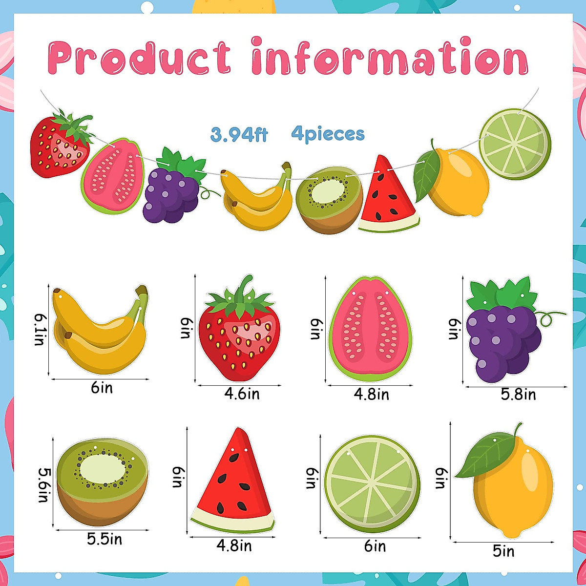 Tudomro 4Pcs Fruit Theme Party Decorations Twotti Tutti Frutti Banner Hawaiian Tropical Summer Fruit Banner Garland Fruity Birthday Party Decoration for Fruit Theme Birthday Baby Shower Party Supplies