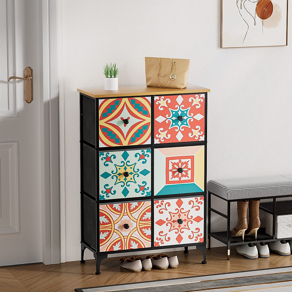 YILQQPER Dresser for Bedroom 8 Drawer Dressers & Chests of Drawers Tall Dresser Organizer Fabric Storage, Closet and Nursery Kids and Adult, Fabric Bins, Wood Top, Boho Colorful Painted