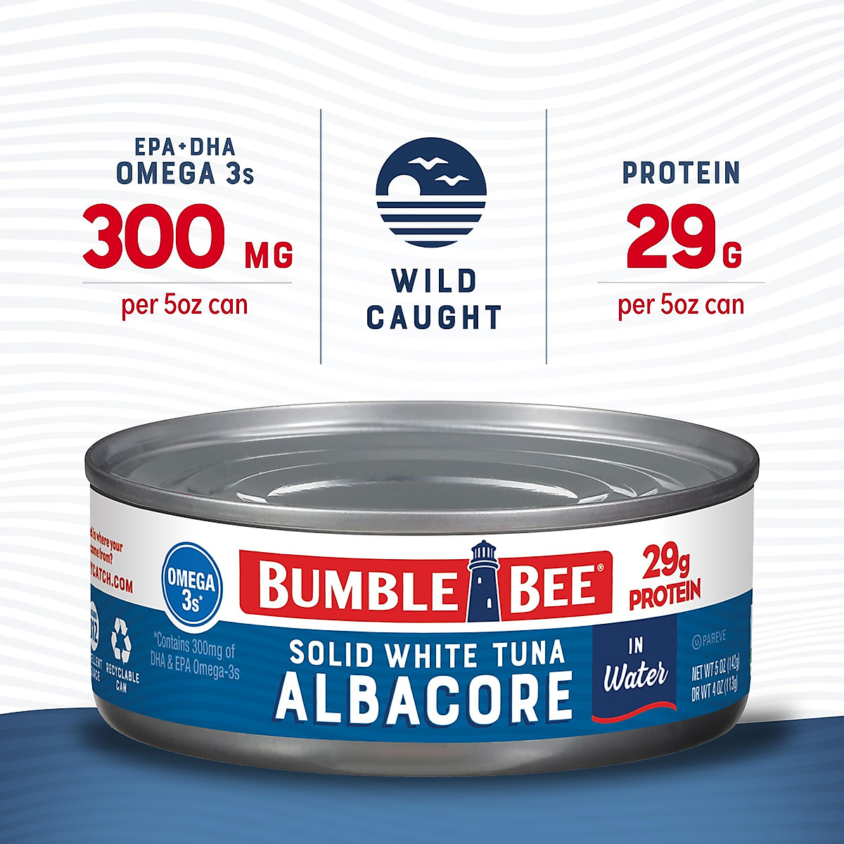 Bumble Bee Solid White Albacore Tuna in Water, 5 oz Can (Pack of 24) - Wild Caught Tuna - 29g Protein per Serving, High in Omega-3s - Non-GMO Project Verified, Gluten Free, Kosher