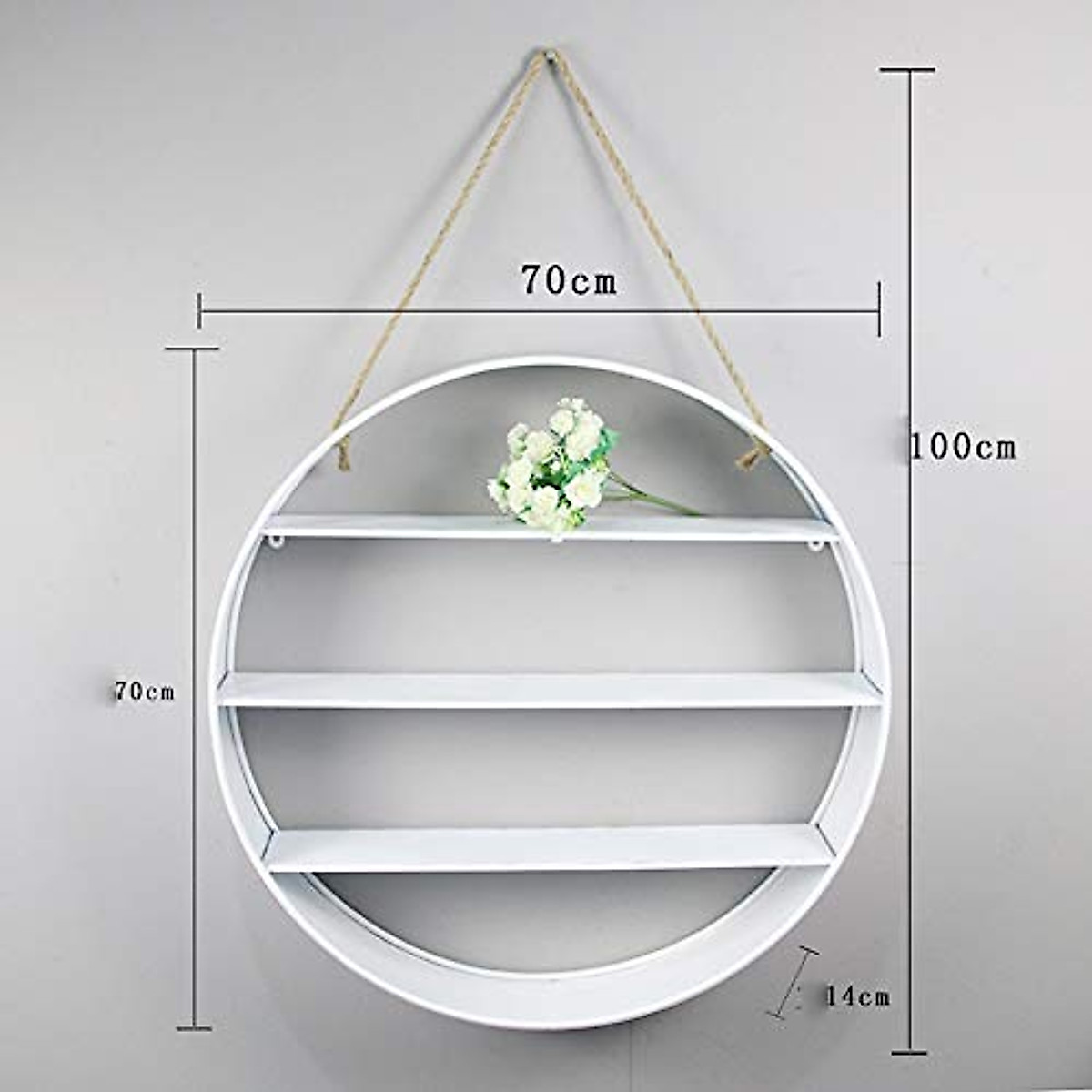 PIBM Stylish Simplicity Shelf Wall Mounted Floating Rack Shelves American Style Iron Art Round Hemp Rope Sofa Background Bookshelf Coffee Shop,3 Layers, White , Diameter 70 cm