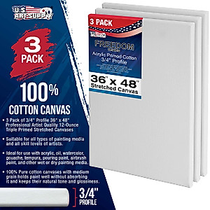 U.S. Art Supply 36 x 48 inch Stretched Canvas 12-Ounce Triple Primed, 3-Pack - Professional Artist Quality White Blank 3/4" Profile, 100% Cotton, Heavy-Weight Gesso - Acrylic Pouring, Oil Painting