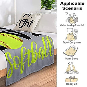 Premium Softball Blanket Cool Ball Sports Theme Green Softball Grey Flannel Blanket,Ultra Soft Sofa Bed Blanket,Keep Warm Travel Throw Blankets Luxury Novelty Gift Blanket Unisex,40"x50"