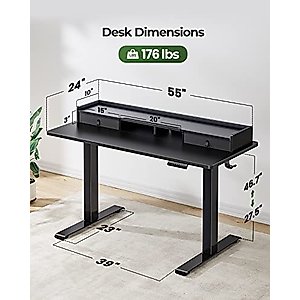 Marsail Electric Standing Desk with Dual Drawers, 55 x 24 Inches Height Adjustable Desk with Storage Shelf, Sit Stand Desk with 4 Memory Preset, 2 Storage Hooks, Stand Up Desk for Home Office, Black