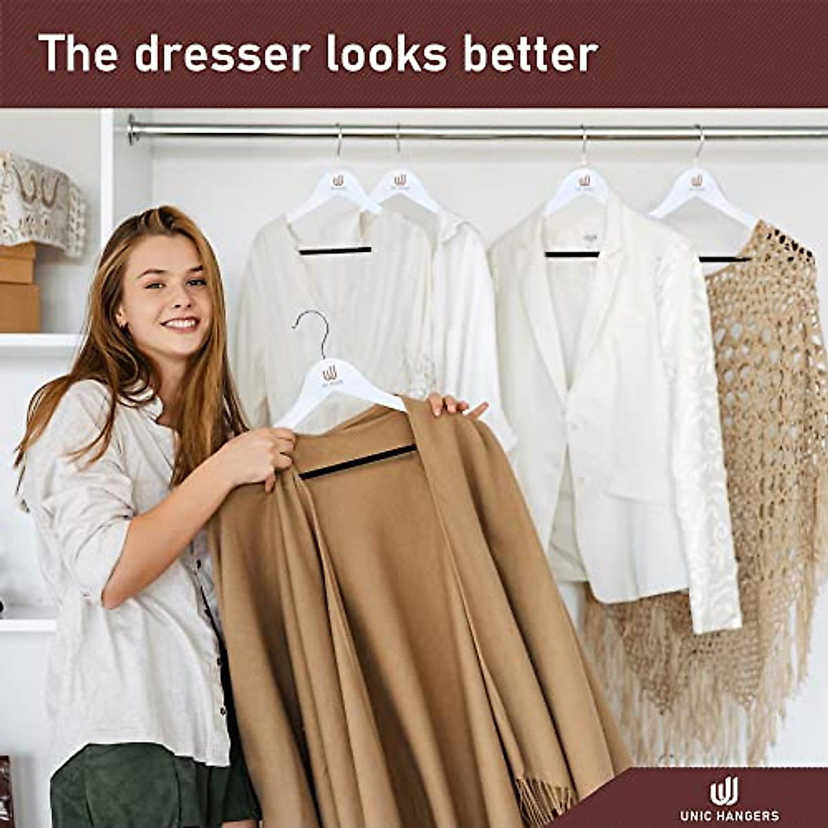 Unic Hangers - Non Slip White Wooden Hangers 10 Pack– Thin Hangers Velvet on Shoulders and Bar for Clothes. Hangers with 360° Swivel Hooks. Chic Wood Coat Hangers for Closet for a Classy Wardrobe