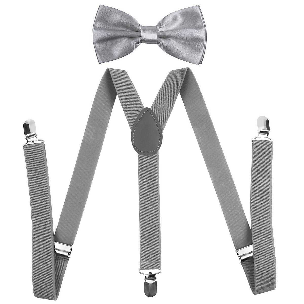 ICObuty Men's Bow Tie and Y Shape Suspender Set Adjustable Elastic Solid Color (Silver)